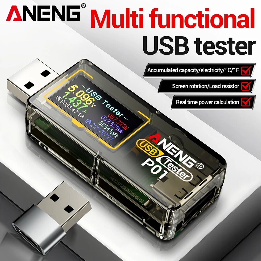 USB-тестер ANENG P01 Для Быстрой Диагностики Зарядки, 4-30В, Постоянный Ток, Многофункциональный, Высокоточный Монитор Напряж.