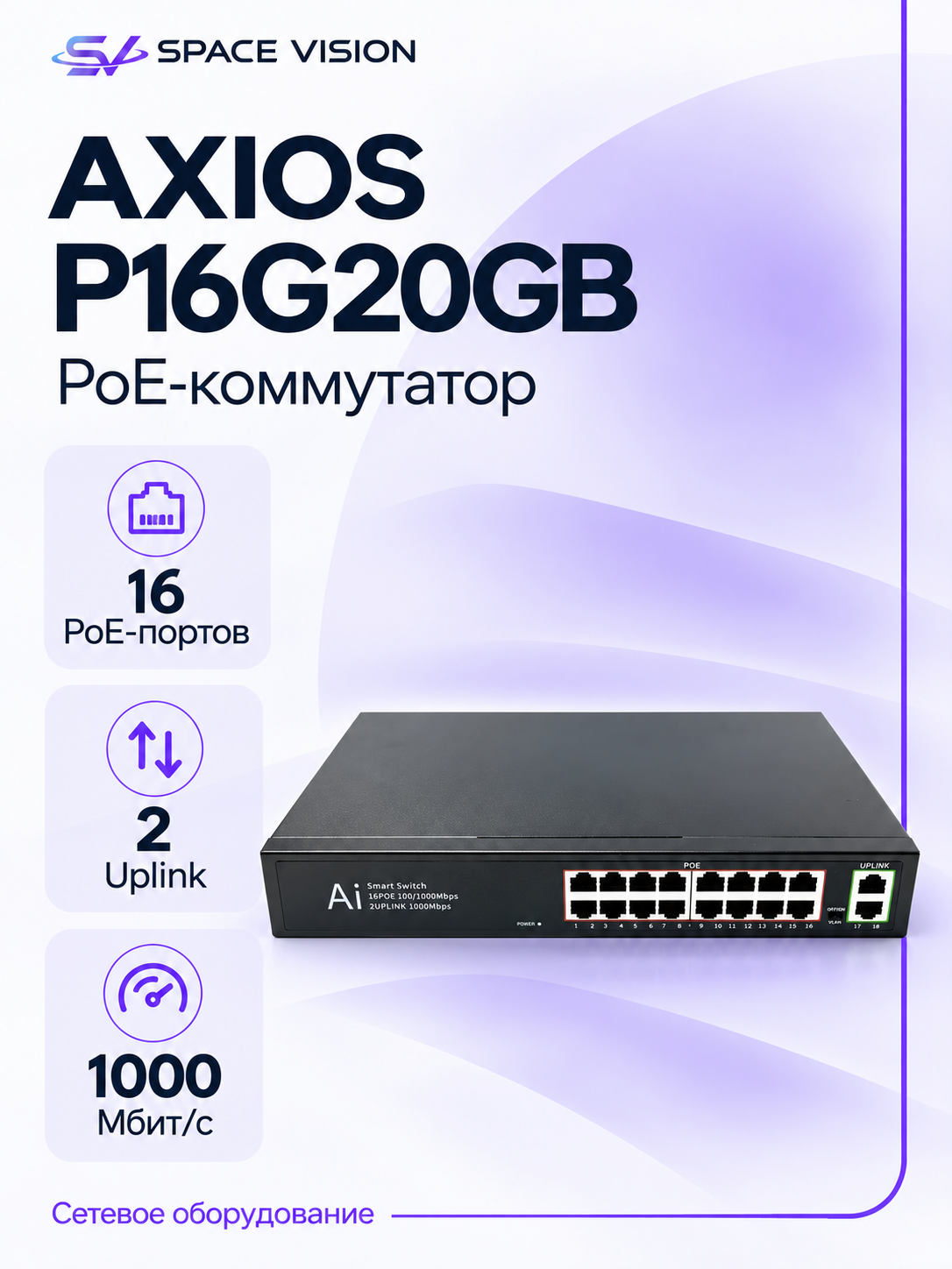 Гигабитный сетевой коммутатор (свитч). 16 POE (802.3 af/at) порта, +2 ETH порта. Axios P16G20GB (16+2) 1000 Мбит/с