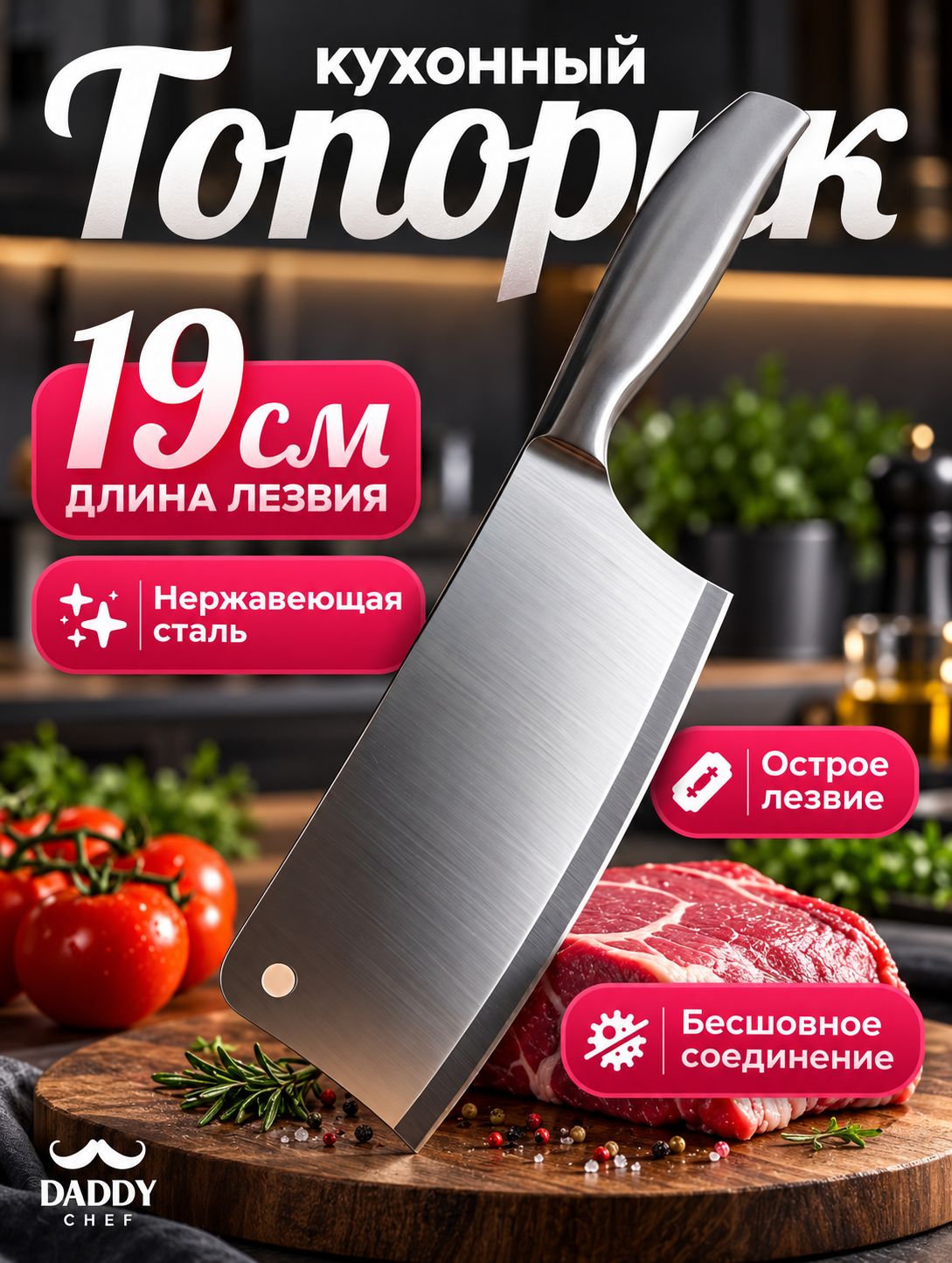 Нож-топорик для рубки и разделки мяса, мясной тесак, кухонный топор от Daddy Chef
