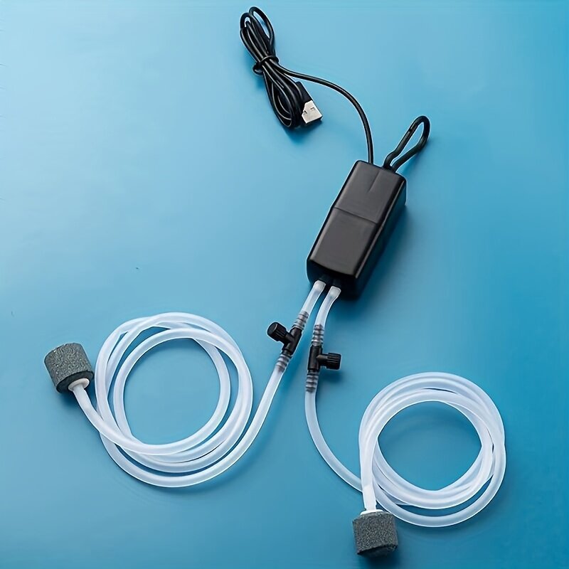 Компрессор для аквариума USB двухканальный черный с воздушным камнем