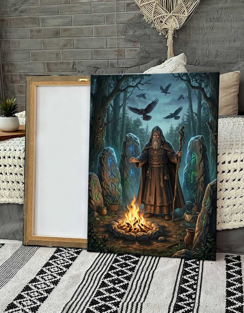 Картина на холсте (волшебник, лес, руны, вороны, костер, посох, мантия) 40x60 см. Интерьерная на стену. Украшение в комнату. В подарок.
