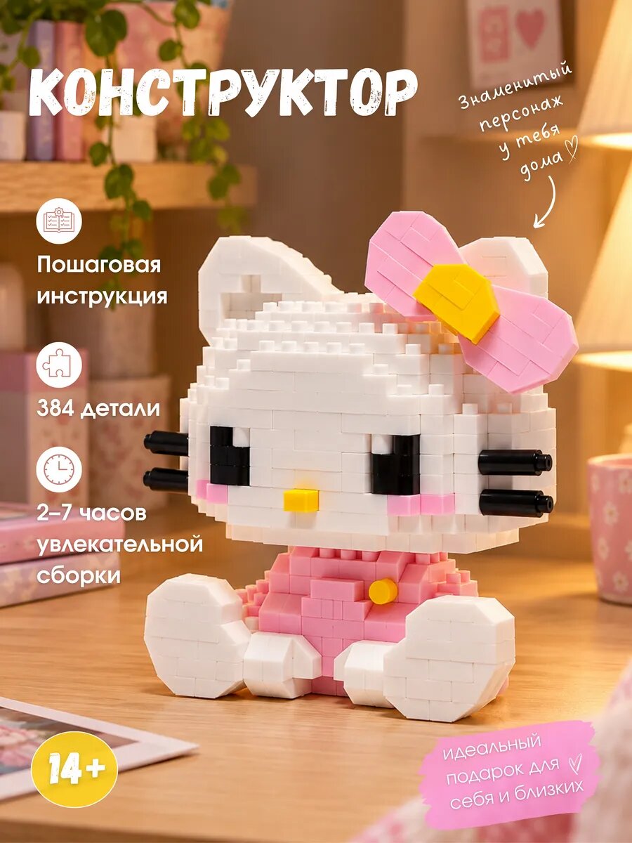 Игрушка конструктор 3D фигурка кота из мини блоков бело-розовая 384 детали