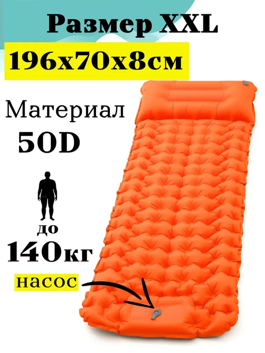 Коврик надувной туристический 200 х 70 х 9 см, оранжевый+серый