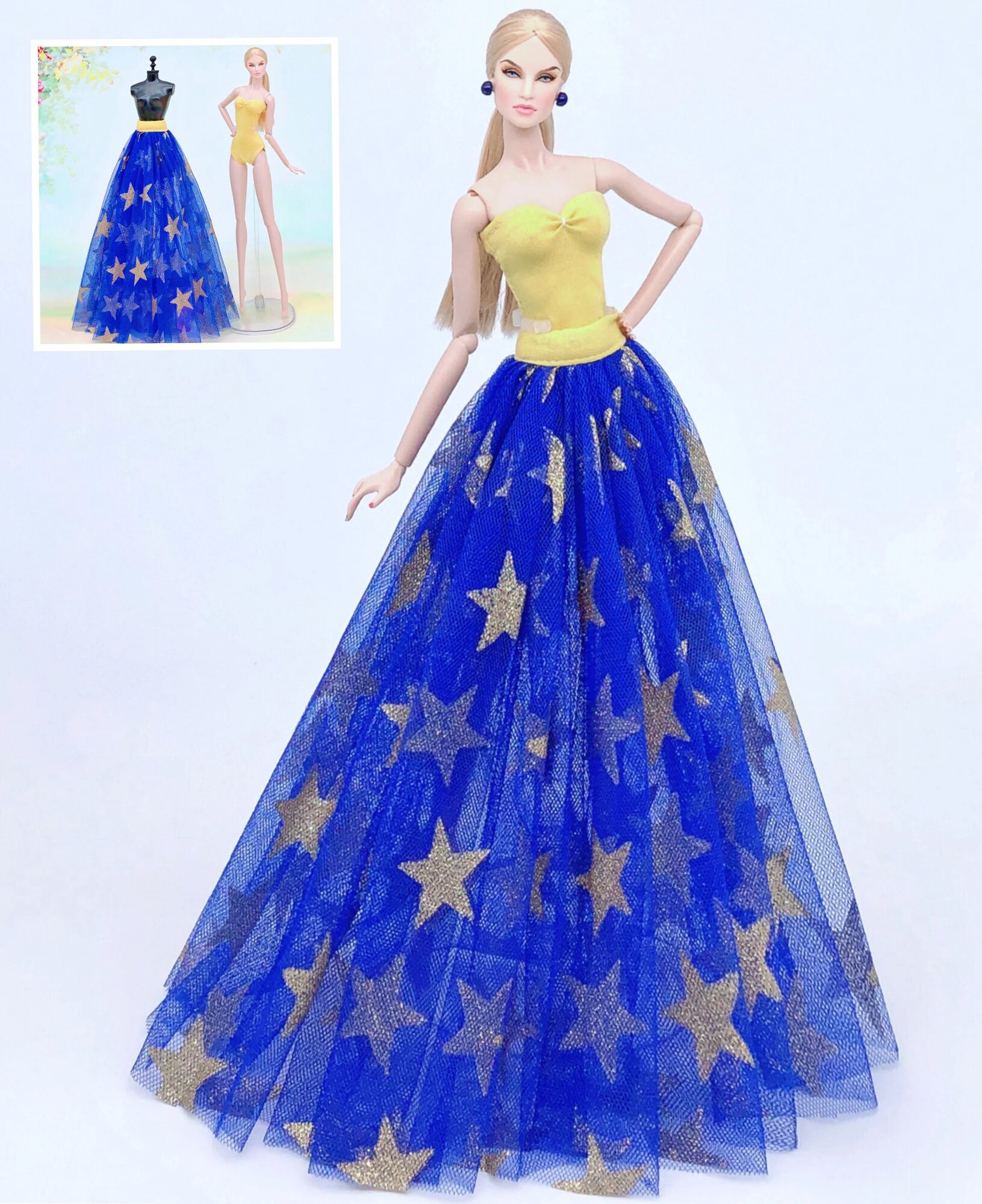 Платье для кукол Barbie, синее с золотыми звездами
