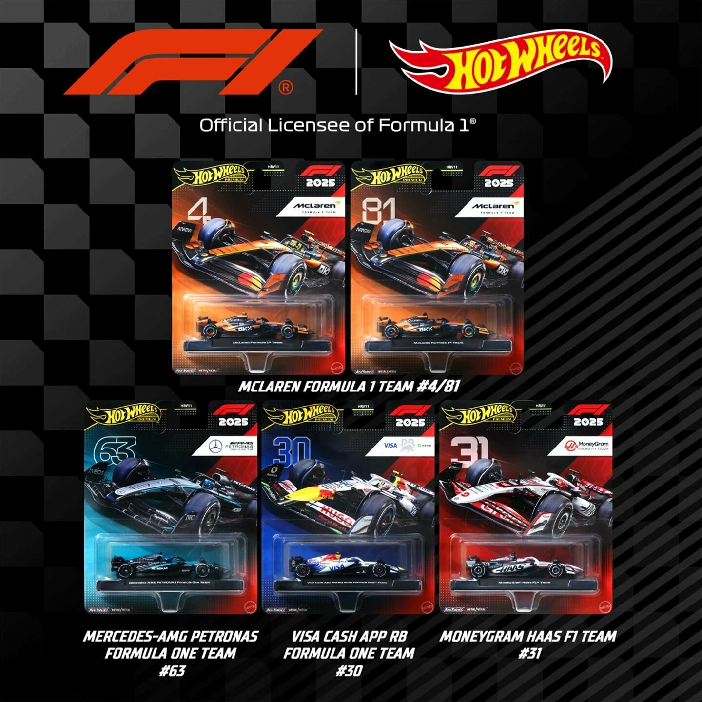 Hot Wheels Premium Модели автомобилей Formula 1 Team, масштаб 1:64, коллекционные модели, набор из 5 машин (McLaren #4, McLaren #81, Mercedes-AMG #63, Visa Cash App RB #30, MoneyGram Haas #31)