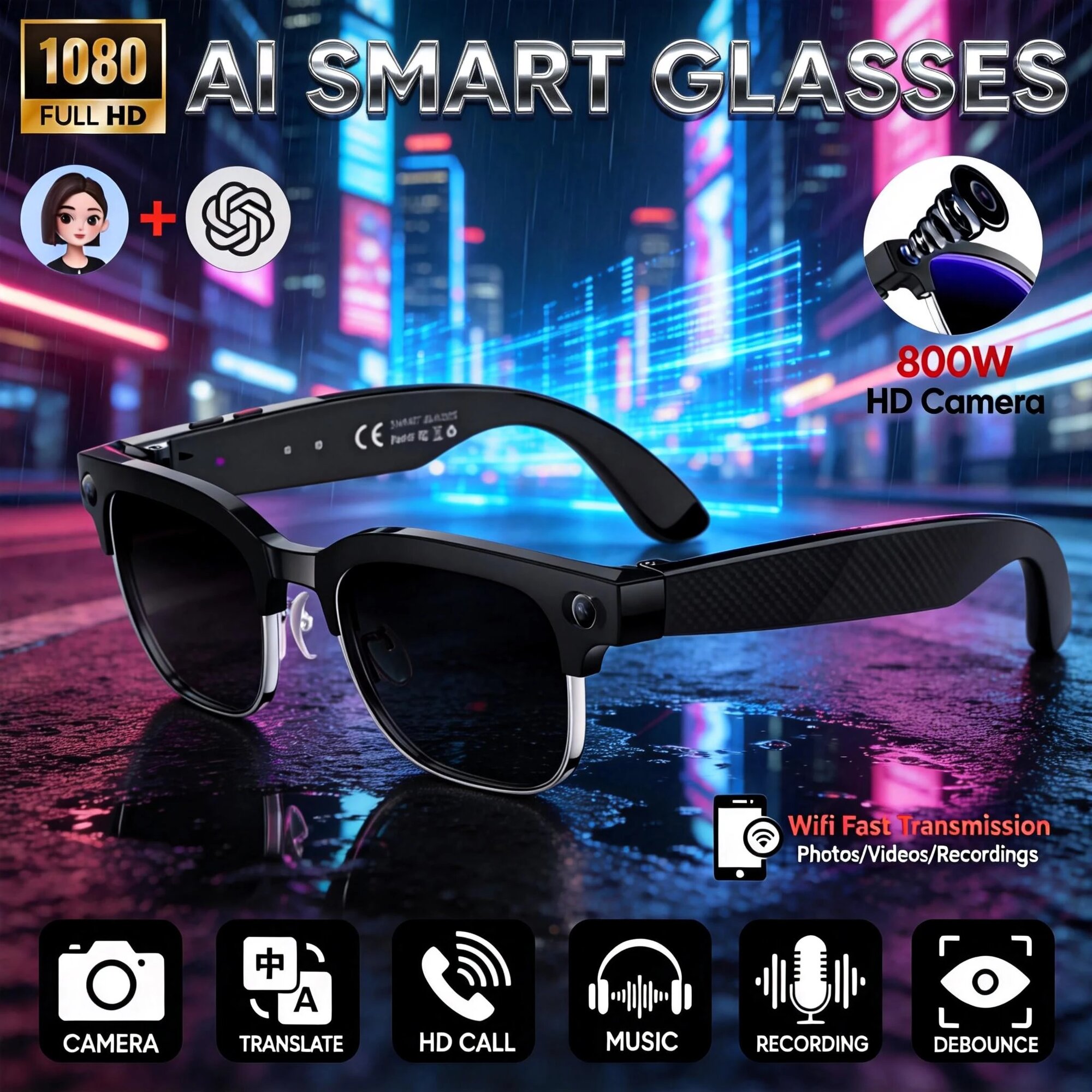 AI Smart Glasses 1080p Full HD, 800W Camera, Sunglasses