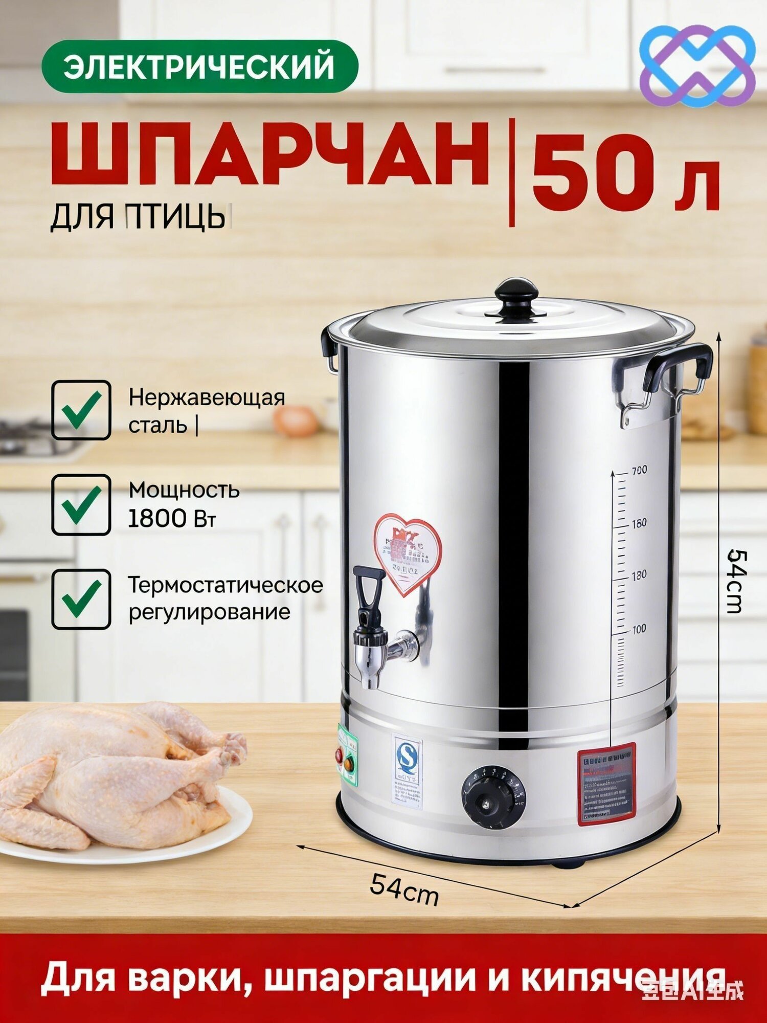 Электрический шпарчан 50л нержавеющая сталь