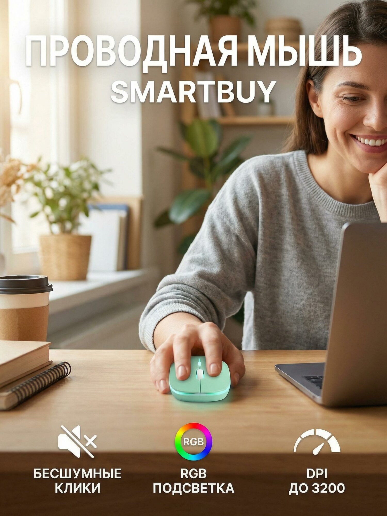 Мышь проводная беззвучная с подсветкой Smartbuy 288 зеленая (SBM-288-LG)