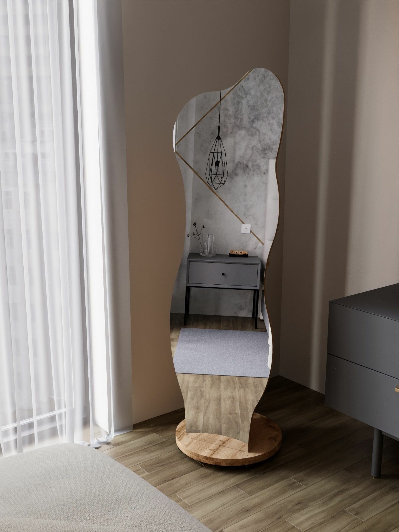 Зеркало напольное в полный рост, фигурное, дуб вотан, на колесиках, с вешалкой,164*48 см , ЛДСП