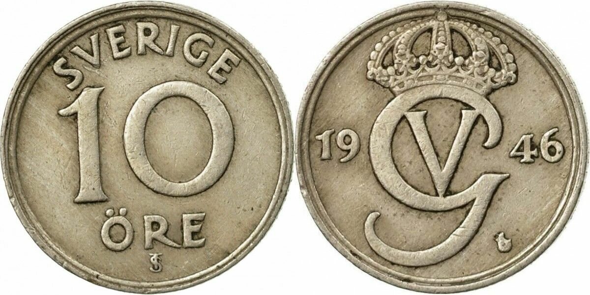 Швеция 10 эре, 1920-1947 Король Густав V XF