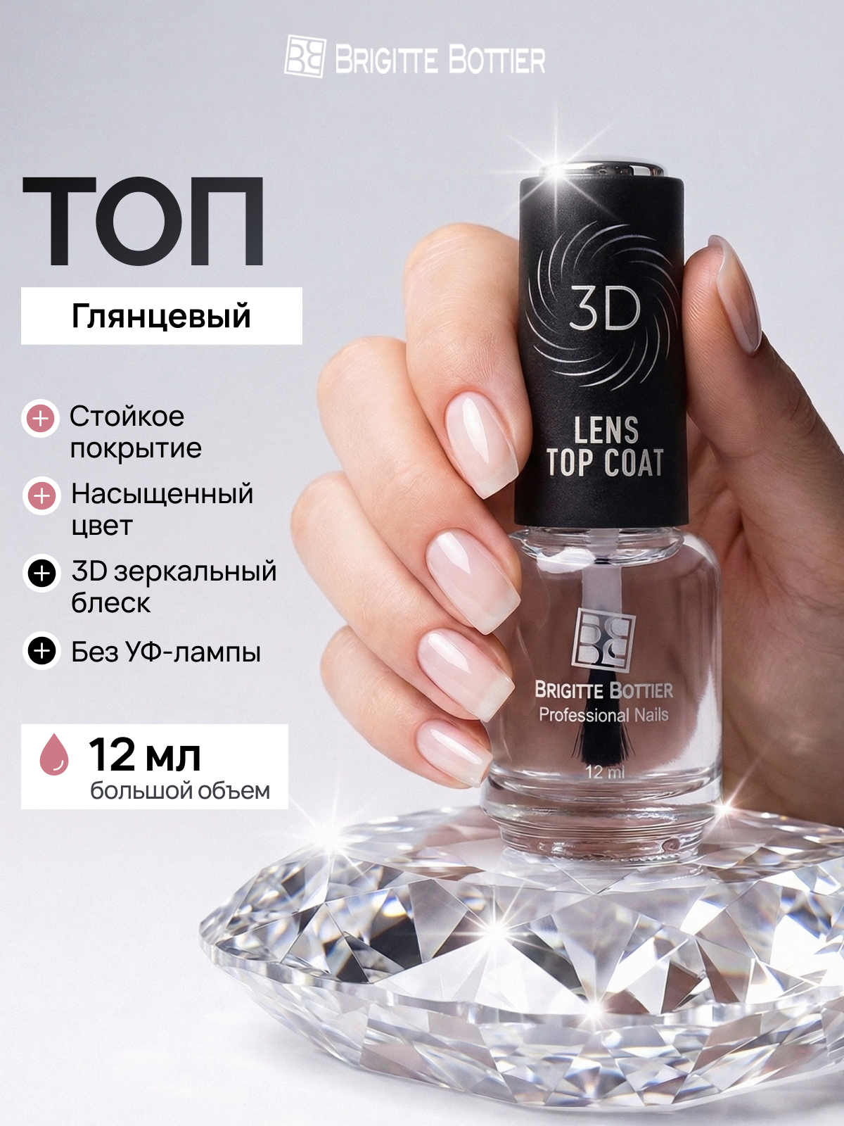 Верхнее покрытие Brigitte Bottier "3D Lens", для ногтей, глянцевое, УФ-защита, 12 мл