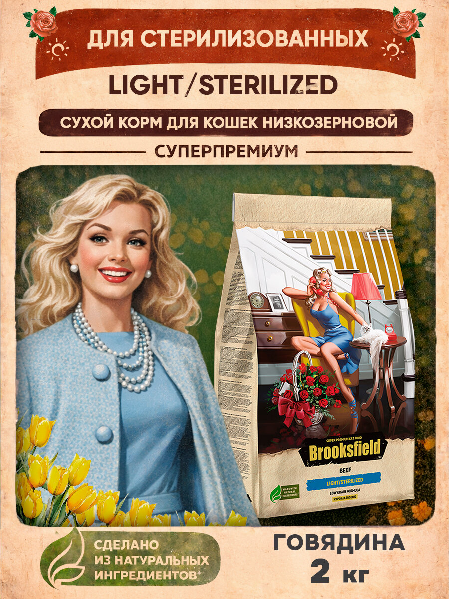 Корм сухой для стерилизованных кошек с избыточным весом гипоаллергенный BROOKSFIELD (Бруксфилд) Индейка и Говядина, 2 кг