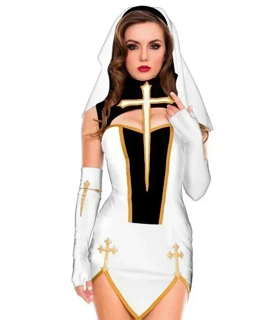 Женский сексуальный костюм монахини Белый, L, White-(No Socks)