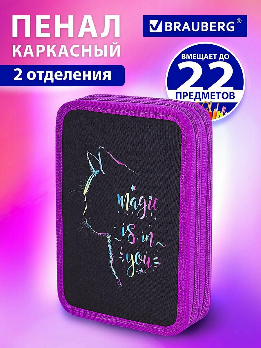 Пенал школьный для девочки / подростка для ручек, карандашей Brauberg, 2 отделения, полиэстер, 21х14 см, Magic Cat