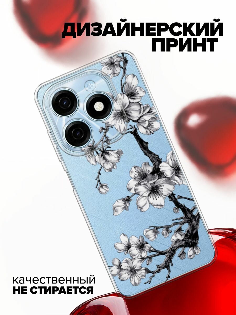 Силиконовый чехол на Tecno Spark 20 / Текно Спарк 20 с принтом Ветка сакуры серая — фото 1