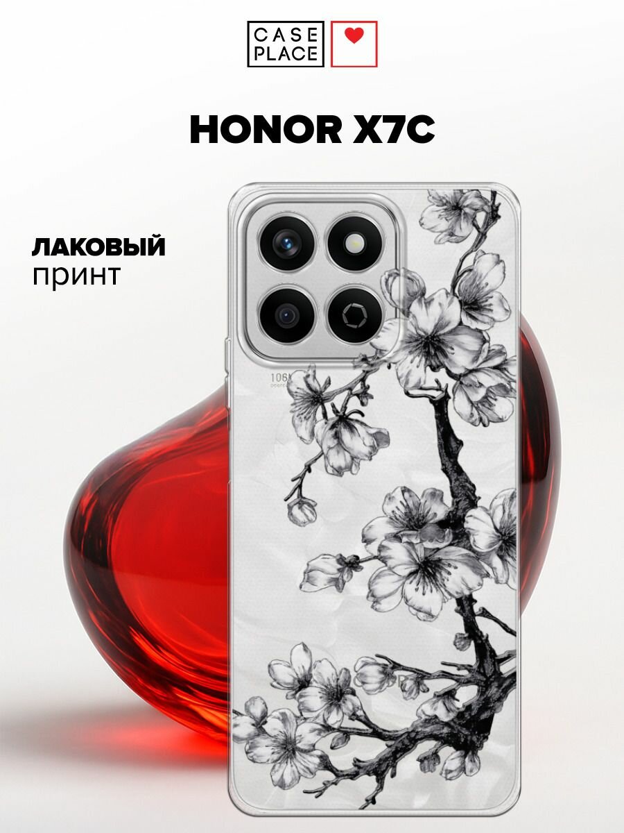 Силиконовый чехол на Honor X7C / Хонор X7C с принтом Ветка сакуры серая
