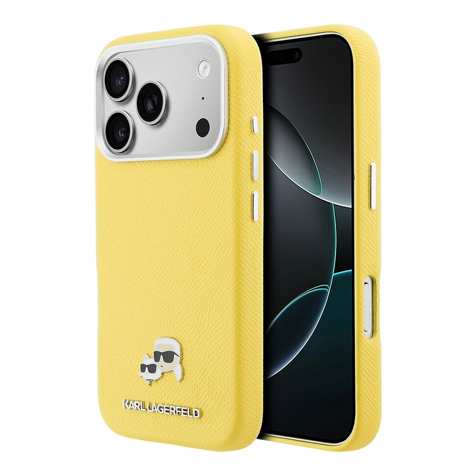 Karl Lagerfeld чехол с MagSafe для iPhone 17 Pro, кожа PU Saffiano FW, NFT Karl&Choupette metal & Camera, желтый