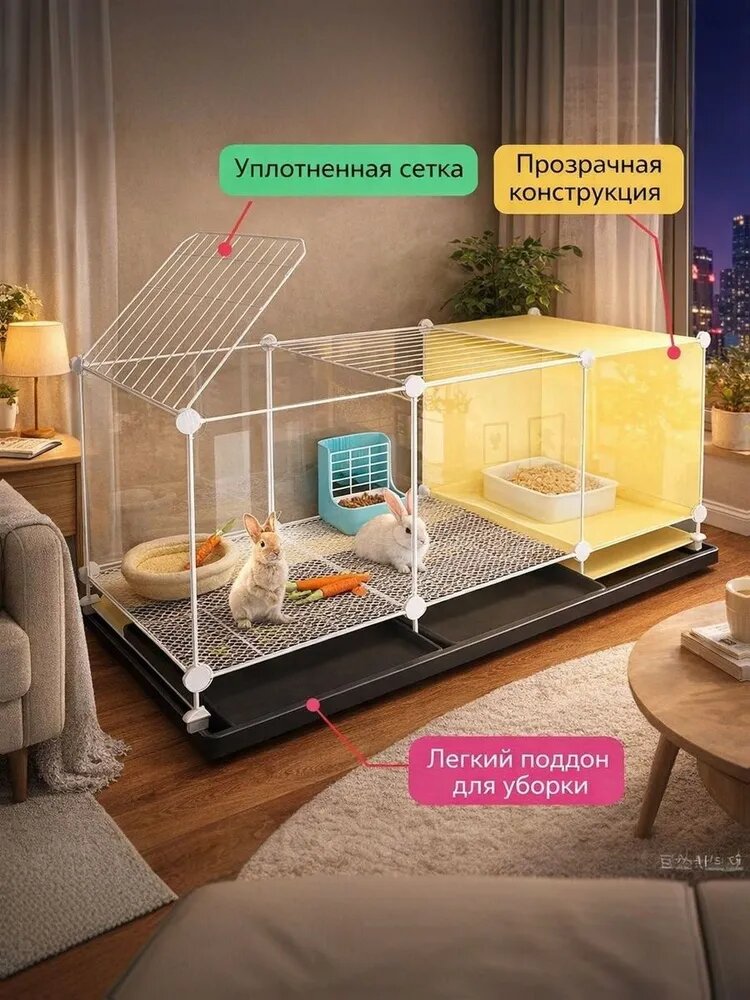 Клетка для кроликов 105*35*41 для грызунов, морских свинок, двухзонная + подставки для ног + лоток