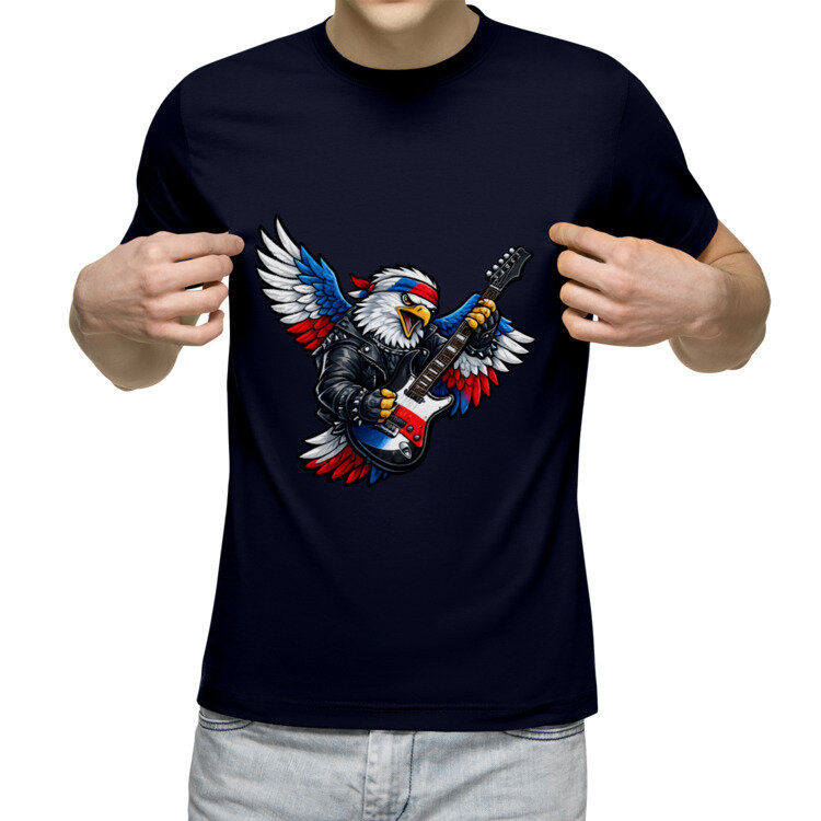 Мужская футболка «Орёл-рокер с электрогитарой, перья триколора» (темно-синий, S)