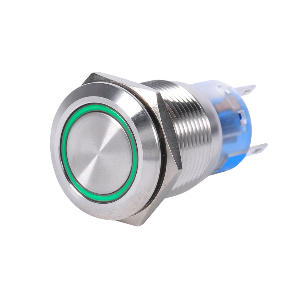 Кнопка с фиксацией 19 мм, 12V, сталь, LED зеленый, водонепроницаемая
