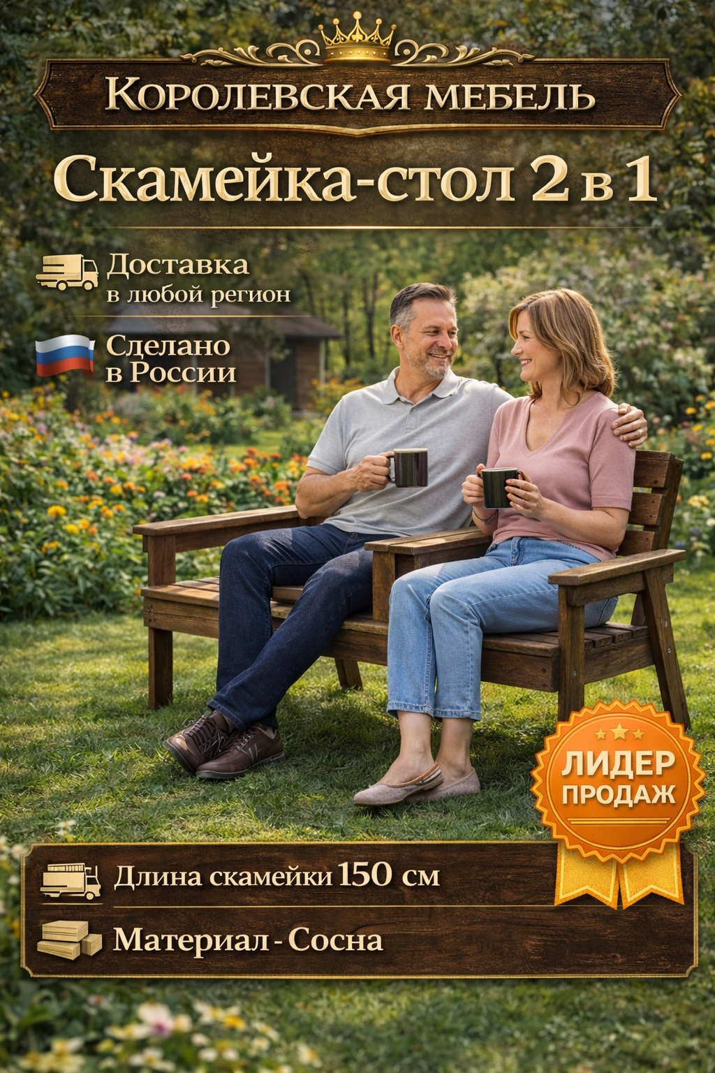 Скамейка-стол трансформер 2 в 1 из сосны 150 см, садовая лавка-стол для дачи и сада