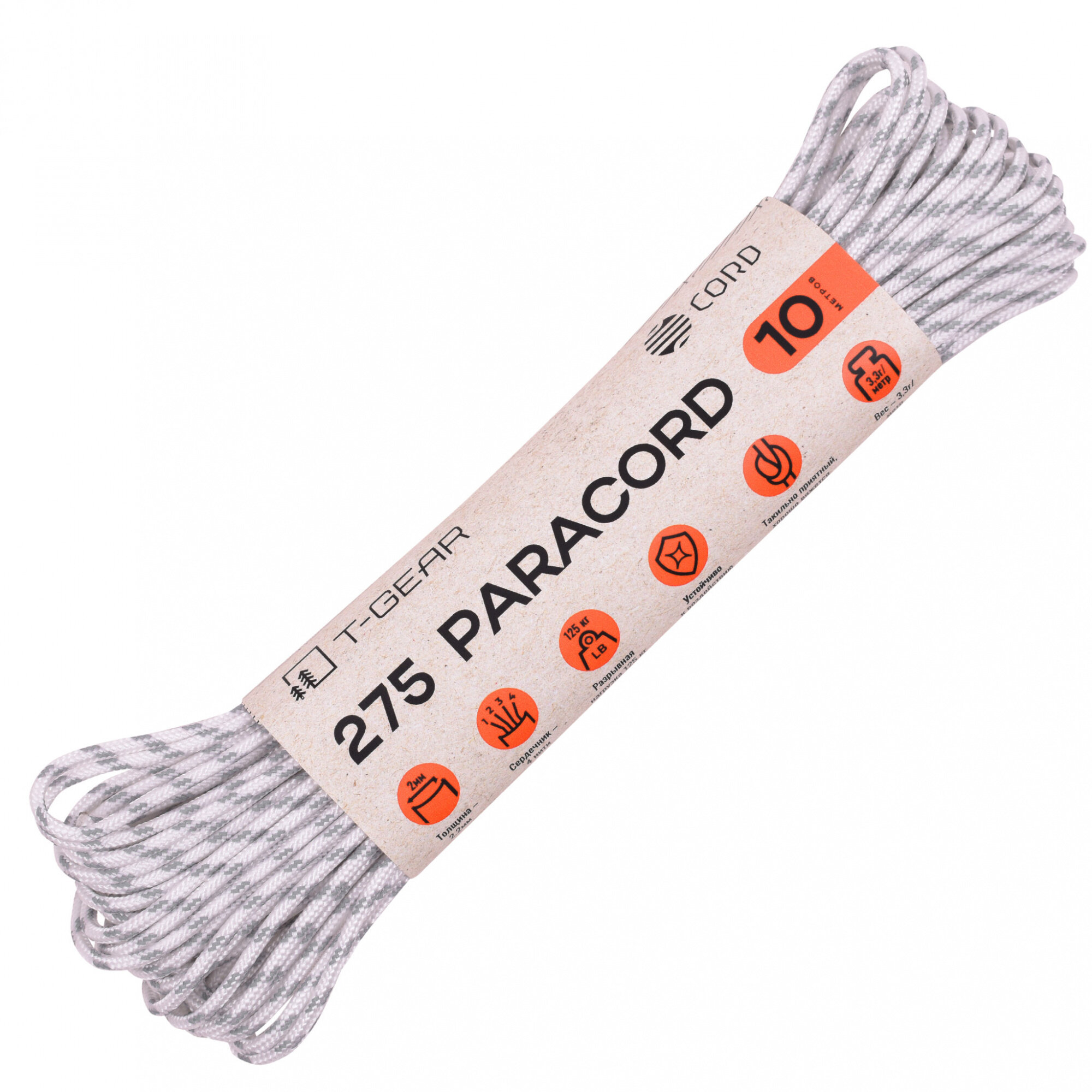 Паракорд 275 T-Gear x CORD nylon 10м световозвращающий (White)