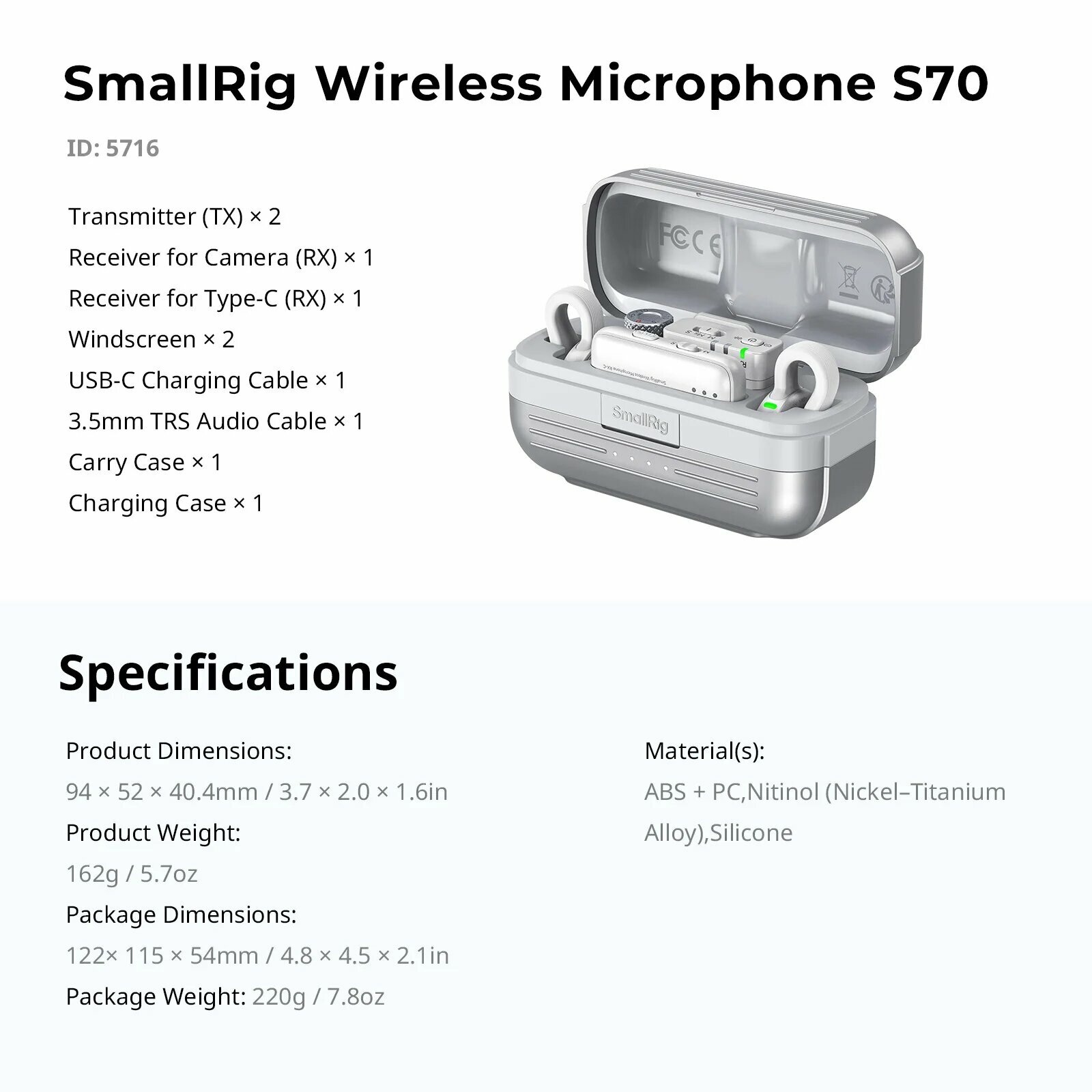 Беспроводной микрофон SmallRig S70, белый, 5716