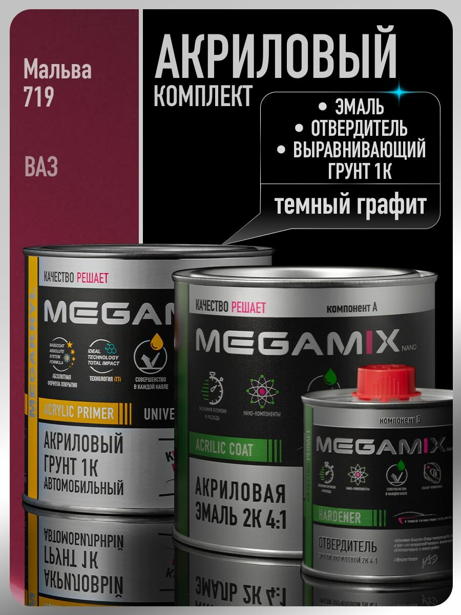 Комплект Акриловая краска автомобильная 2К , Мальва 719, 840мл + Отвердитель 2K 210 мл + Грунт акриловый 1К , темный графит, 800 г