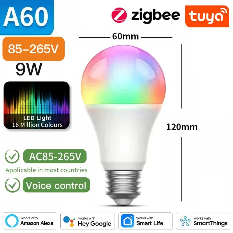 Умная LED лампочка A60 Zigbee 9W RGB
