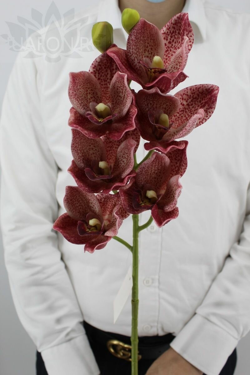 Искусственные цветы премиум для кашпо декора и интерьера Орхидея 3D латекс цимбидиум красный