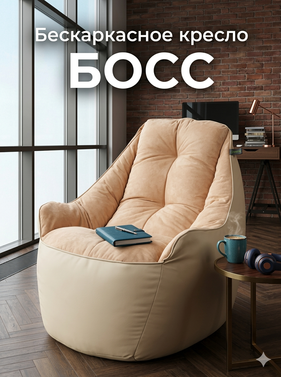 Кресло-мешок Пуффбери «Босс», размер большой, Эко-кожа и велюр Бежевый
