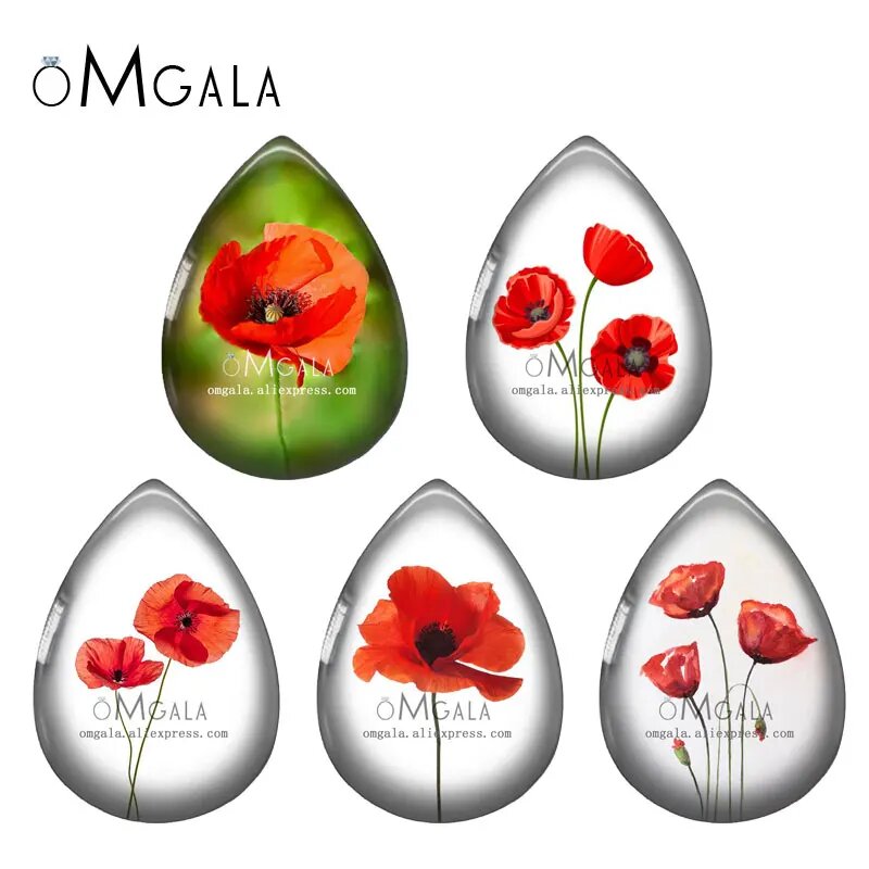 Стеклянные кабошоны OMGALA с маками, Mix2
