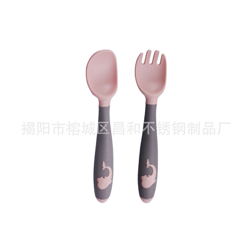 Розовый комплект тренировочных ложки и вилки для малышей, эргономичная форма, 1 ложка + 1 вилка