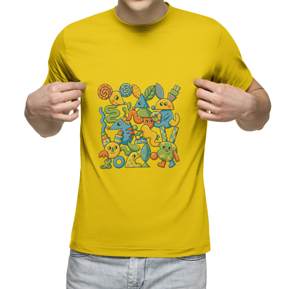 Мужская футболка «cartoon characters in geometric style» (желтый, L)