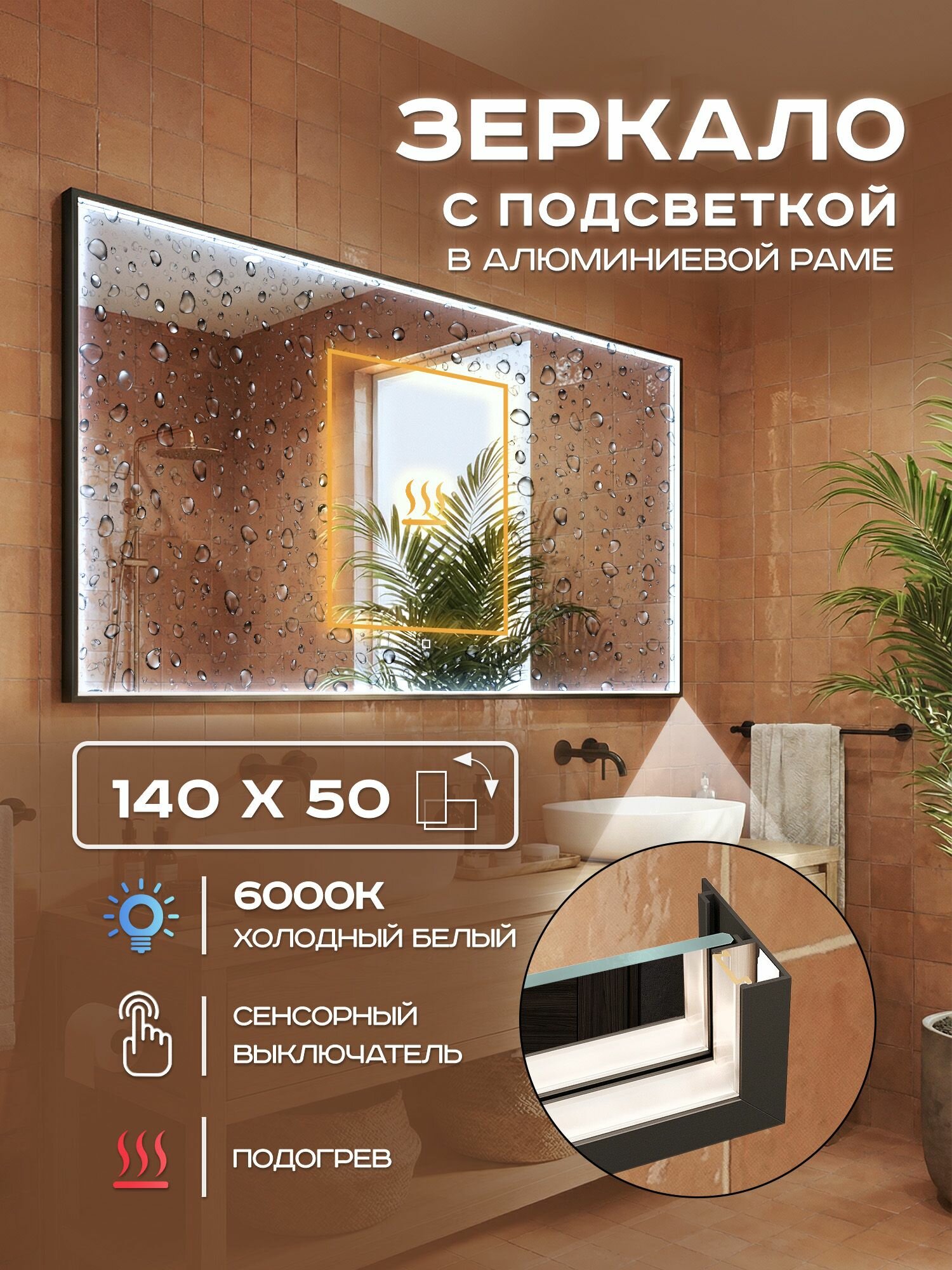 Зеркало с подсветкой настенное Luminor 140х50 с подогревом в алюминиевой раме