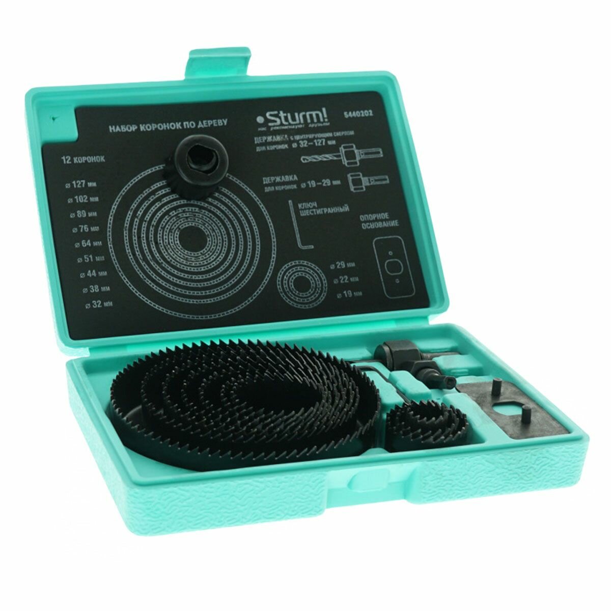 Набор коронок по дереву Sturm 9 шт, 29 22 29 32 38 44 51 64 76 мм, державка, ключ (5440202)