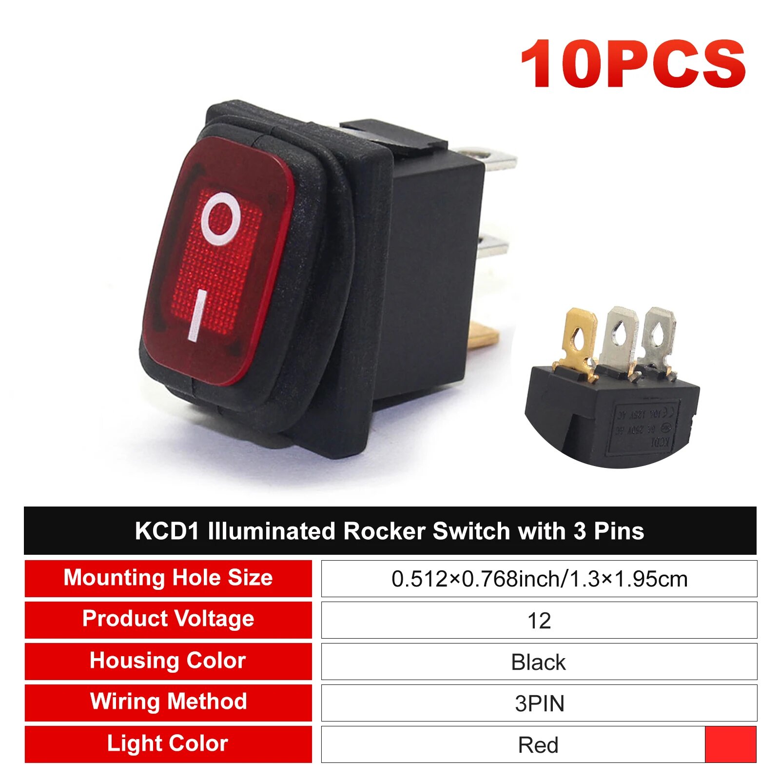 Кнопочный переключатель KCD1 красный, 12V, 3PIN, 10шт