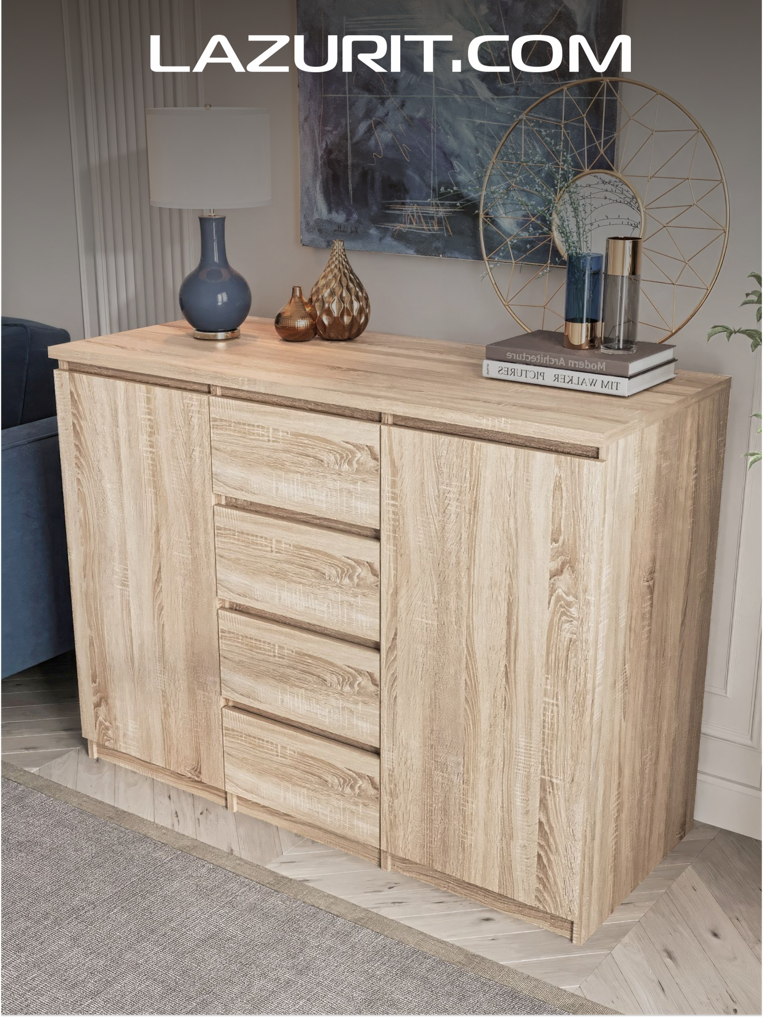 Комод для одежды большой с ящиками и полками сонома Lazurit Sven в прихожую спальню высокий под телевизор 120,6х50,4х91