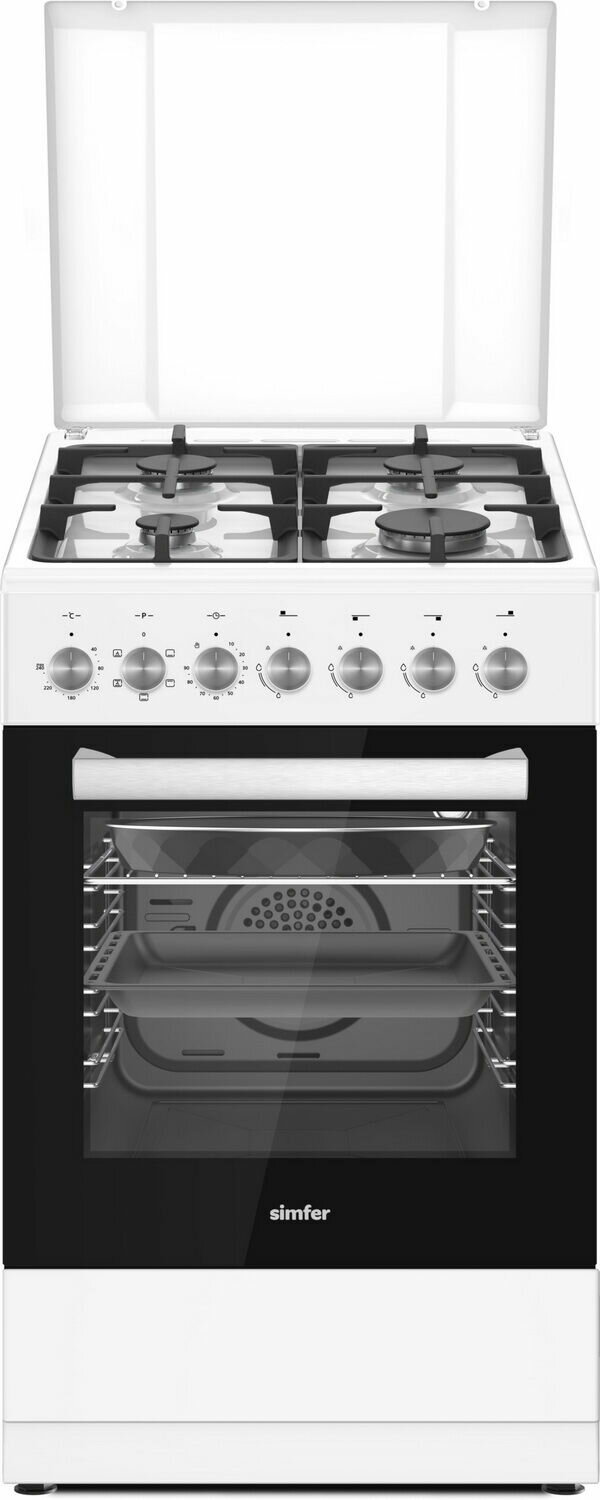 Газовая плита Simfer F56MW46015 белый, 60 см, электродуховка с конвекцией, чугунные решётки