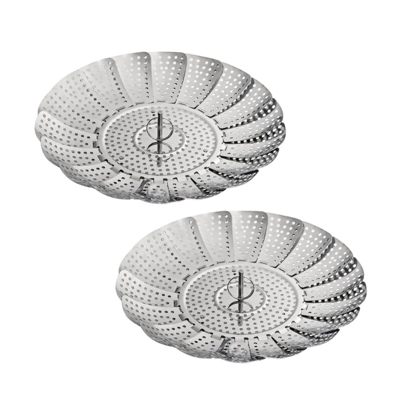 Комплект из 2 складных расширяемых пароварок из нержавеющей стали для приготовления пищи регулируемого размера и удобного хранения на компактных кухнях.