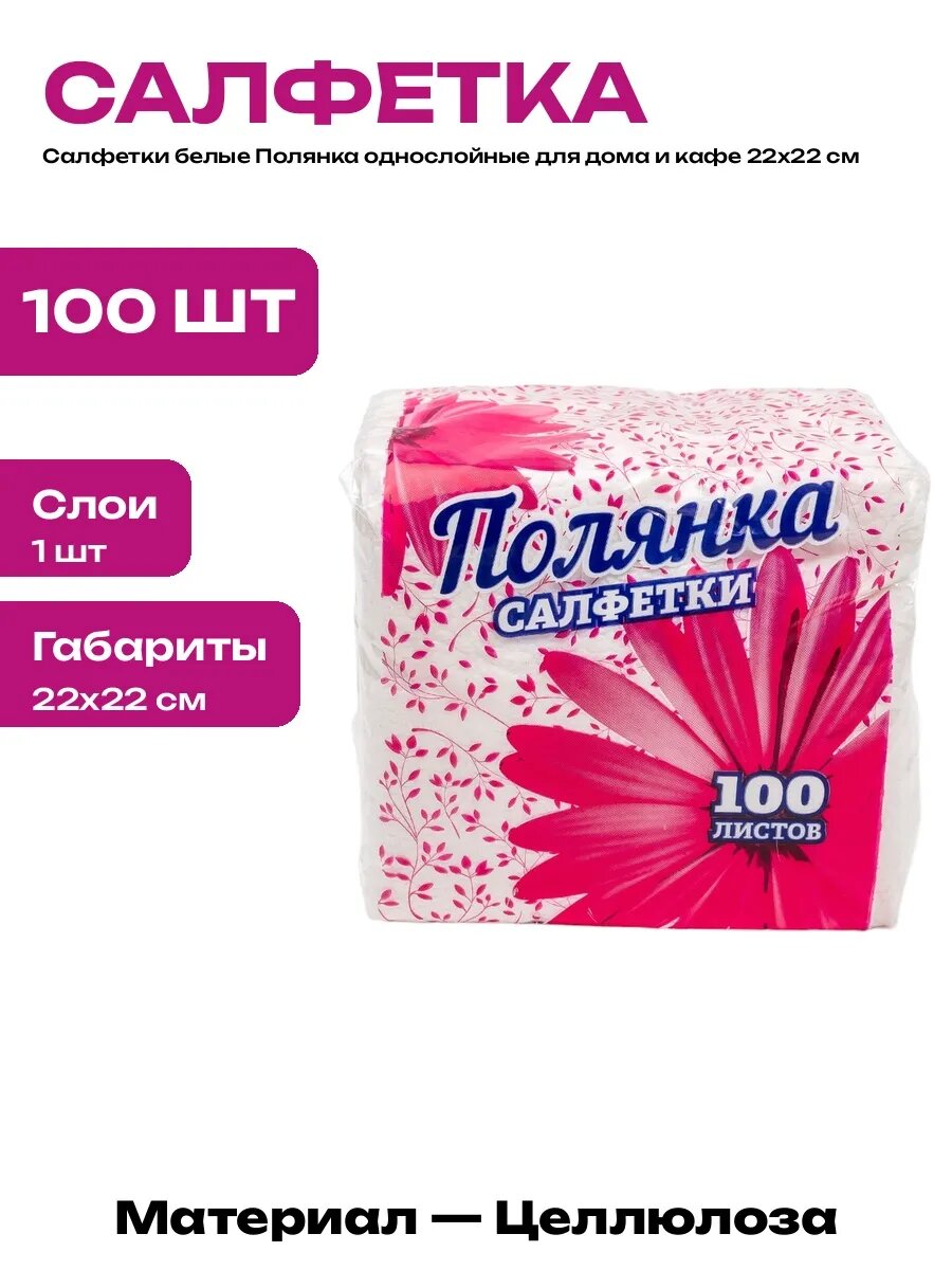 Салфетки столовые белые Полянка из целлюлозы размер 22х22 см