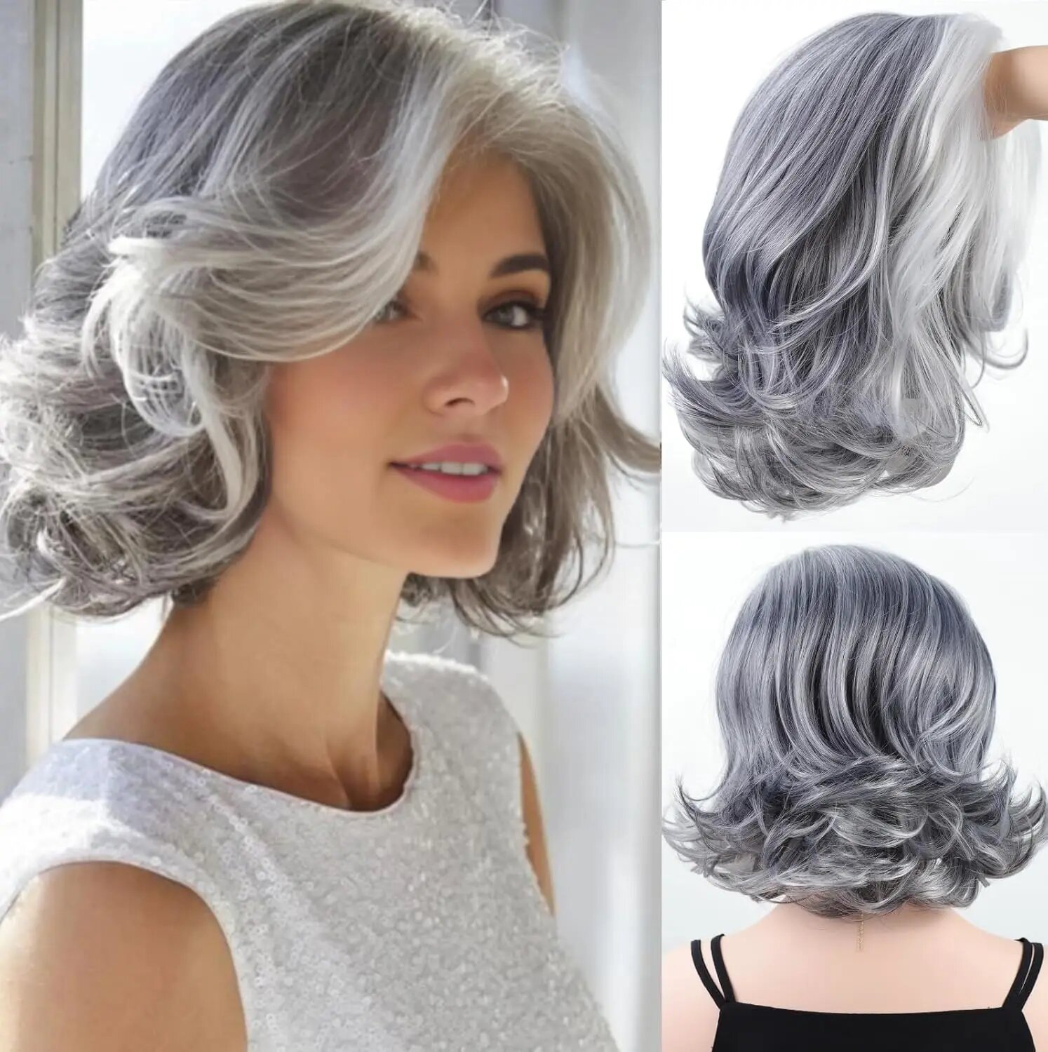 Синтетические парики AMIR HAIR серые волнистые средние