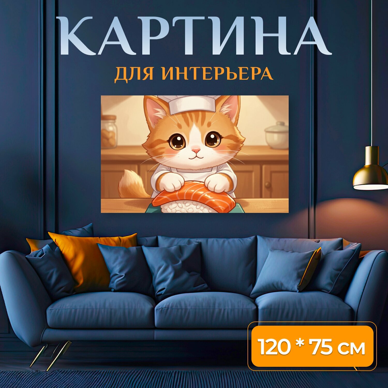 Картина на холсте "Котенок шеф-повар с суши. Милый рыжий котенок в белом колпаке готовит ролл с лососем на кухне. Теплые бежево-оранжевые." на подрамнике 120х75 см. для интерьера
