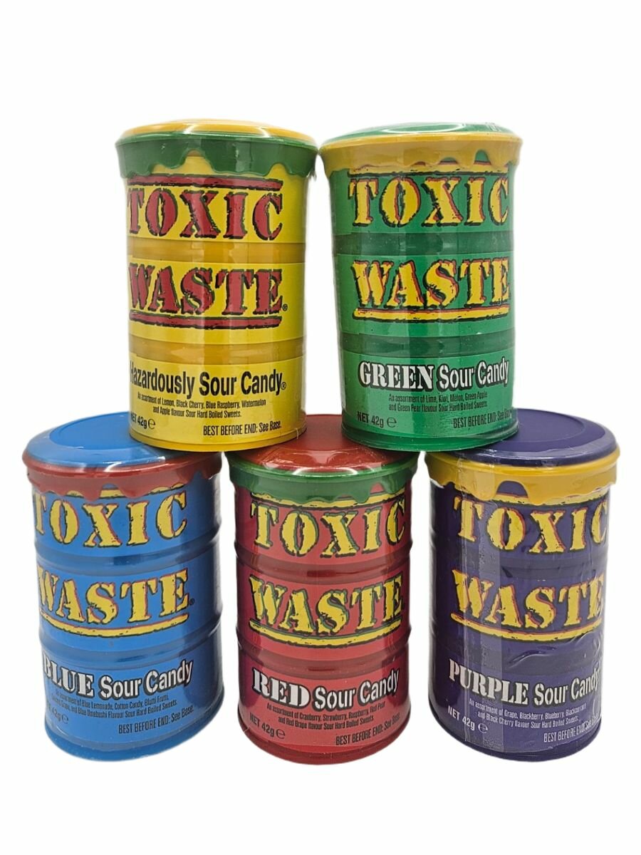TOXIC Waste Кислые леденцы, Микс: Фиолетовая, желтая, голубая, зеленая, оранжевая банки, 5 шт по 42 г