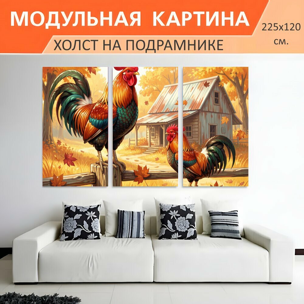 Модульная картина на холсте "Петухи у деревенского дома осенью. Яркая сельская сцена с двумя расписными курами у старого дома и." триптих на подрамнике 225х120 см. для интерьера