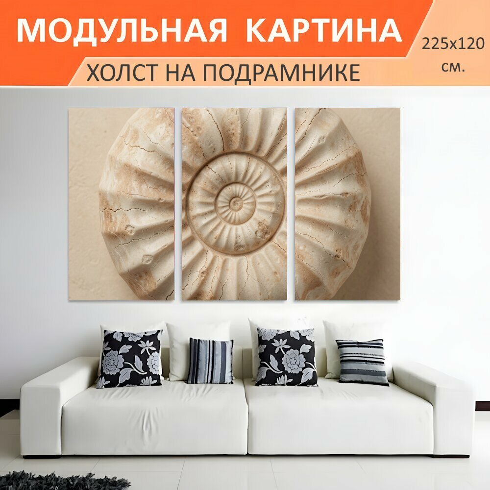Модульная картина на холсте "Аммонит в бежевых тонах. Окаменелая спираль с рельефными ребрами и трещинами, выполненная в натуральной." триптих на подрамнике 225х120 см. для интерьера