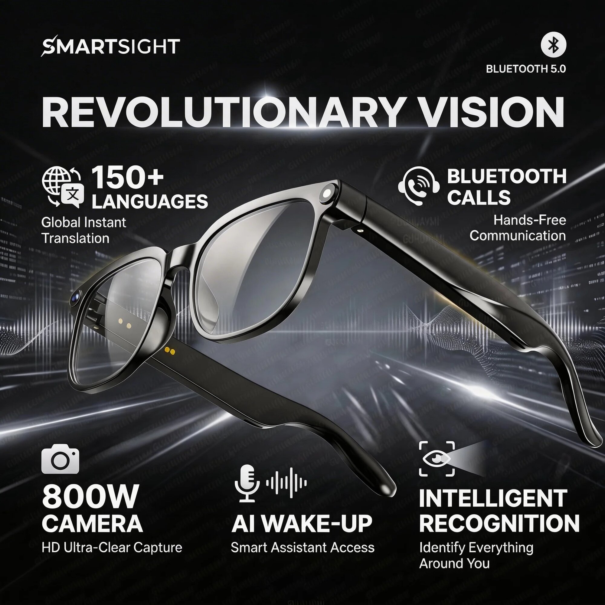 Smartsight Умные очки с камерой 800W, Bluetooth 5.0, Transparent