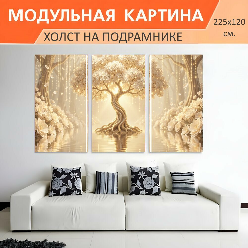 Модульная картина на холсте "Светящееся дерево в цветущем саду. Эфирная композиция с золотистым деревом, нежными белыми цветами и." триптих на подрамнике 225х120 см. для интерьера