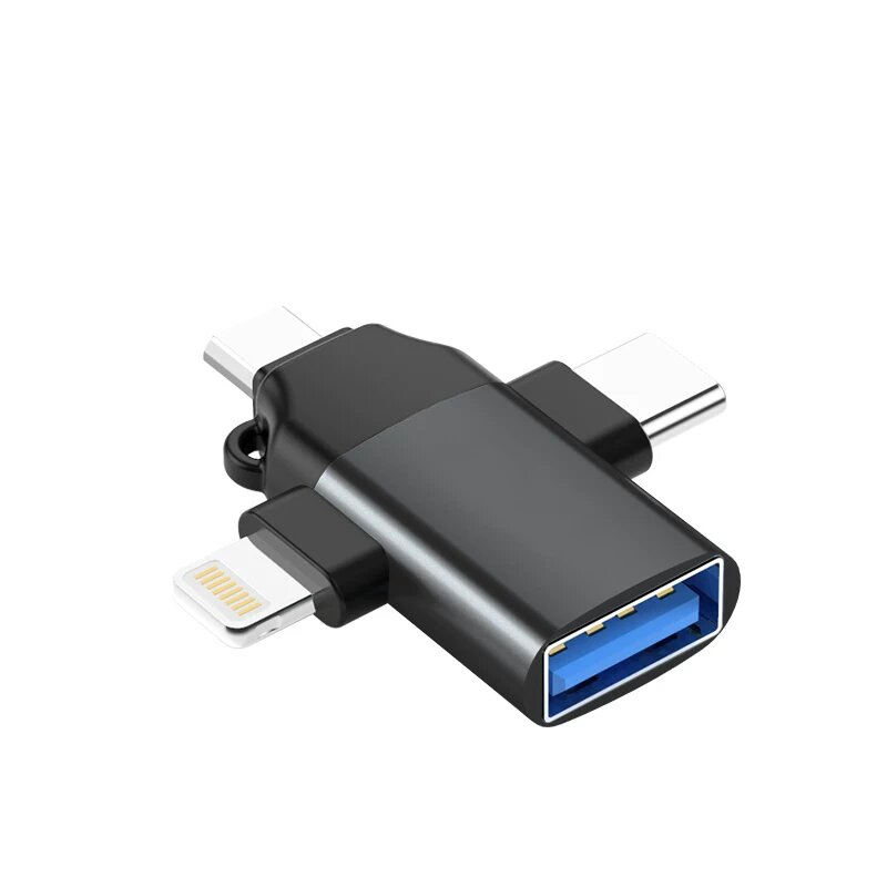 3-в-1 OTG-адаптер для iPhone, Android, Type-C, черный, USB 3.0, подключение флешек, мыши, клавиатуры