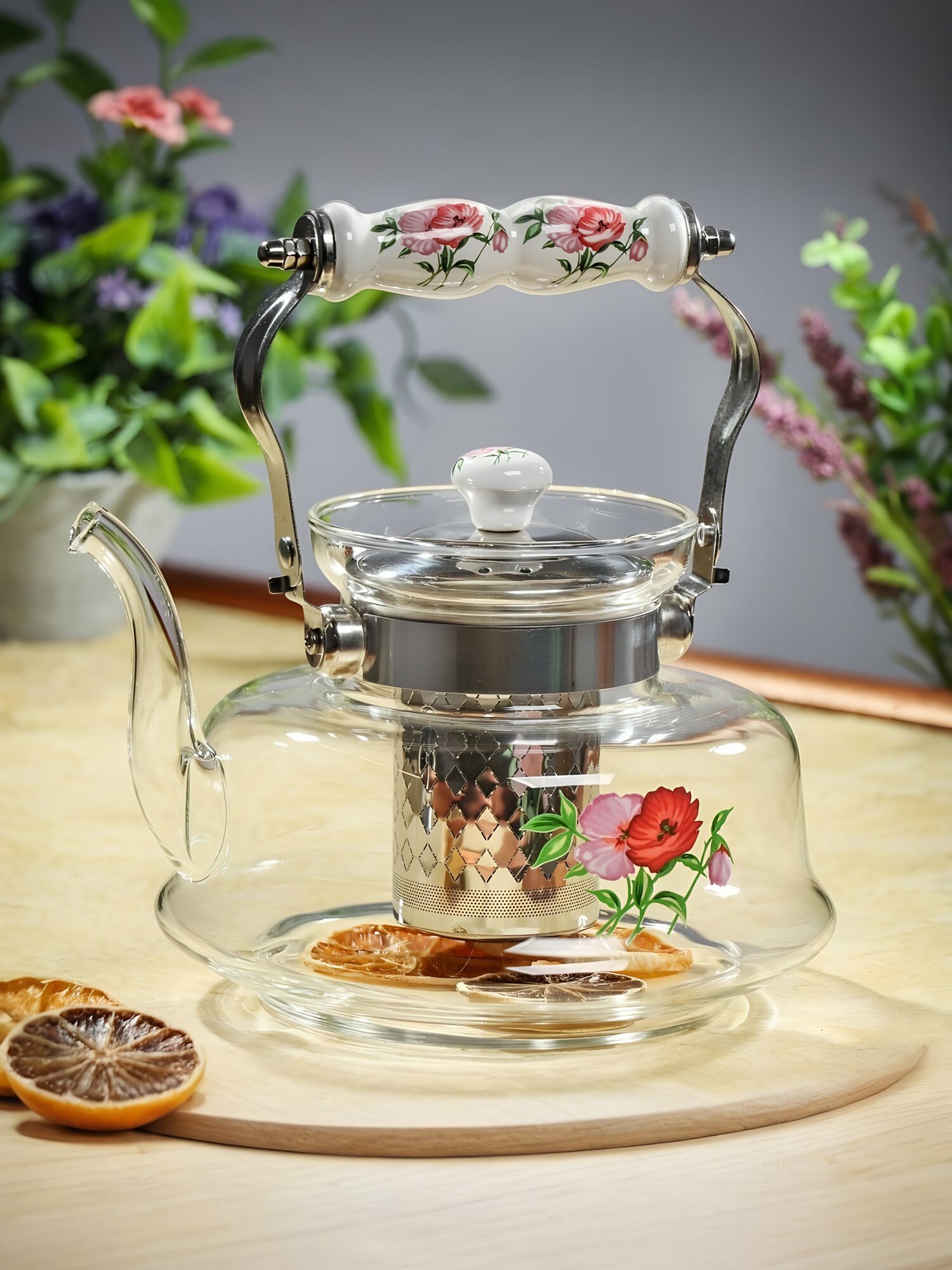 Чайник заварочный стеклянный 1.4 л с ситечком Маки, большой круглый заварник для чая с фильтром из нержавеющей стали.